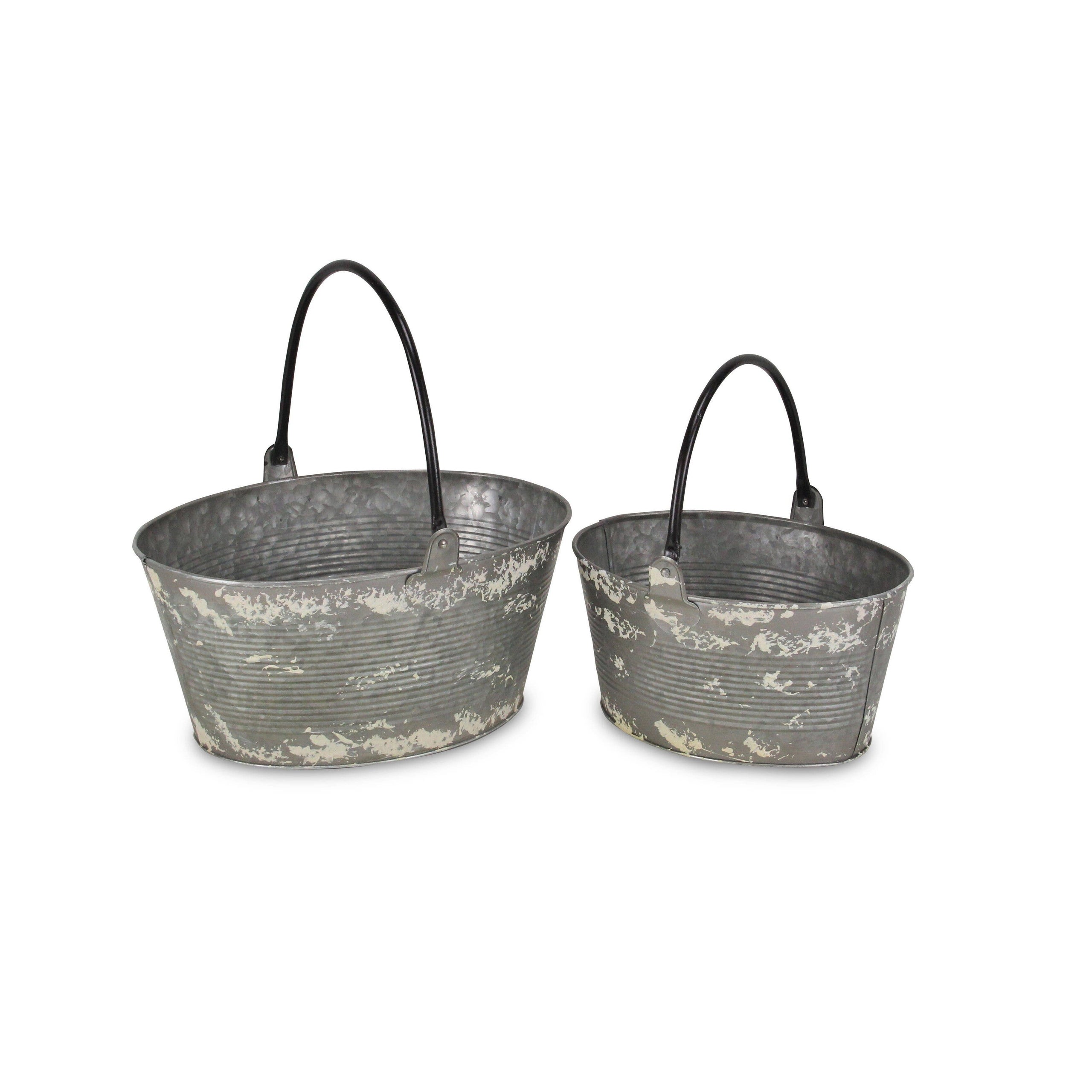 Set of 2 Rustic Galvanized Metal Oval Buckets with Swivel Handles ...